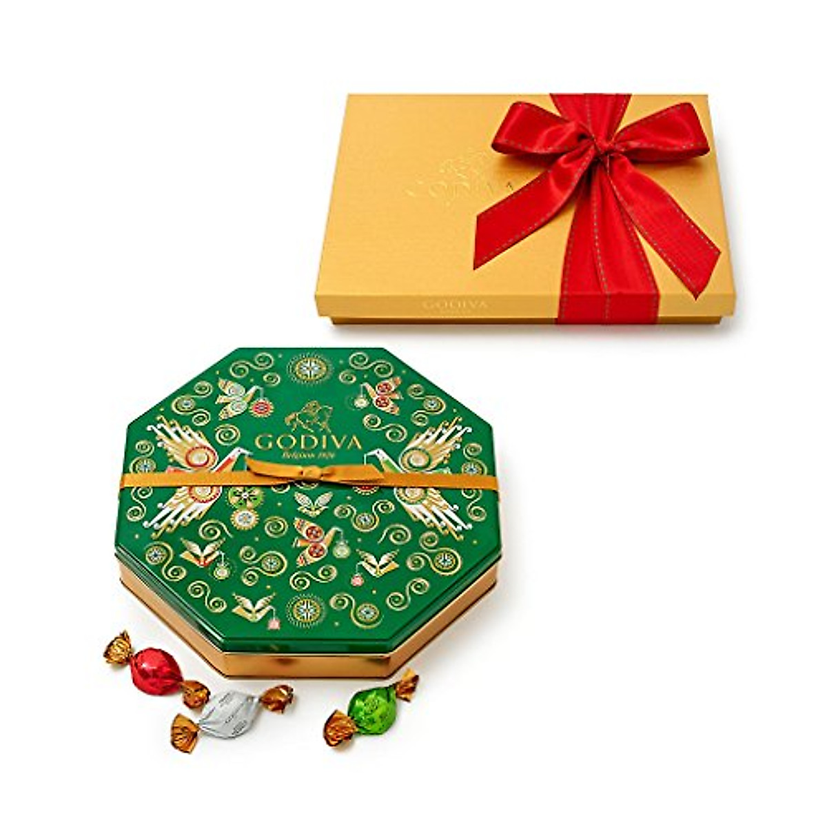 Godiva Chocolatier Holiday Chocolate and Truffle Gift Box Set featuring 36pc Assorted Chocolate Gold Gift Box and 50pc Wrapped Truffle Holiday Gift Tin