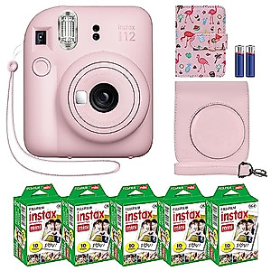 Fujifilm Instax Mini 12 Instant Camera Blossom Pink + MiniMate Accessory Bundle & Compatible Custom Case + Fuji Instax Film Value Pack (50 Sheets) Flamingo Designer Photo Album