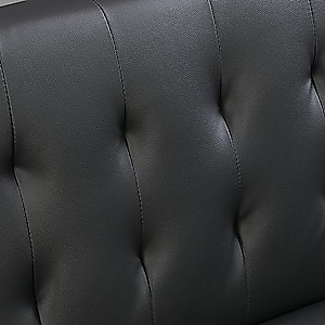 Penifun Convertible Folding Futon Sofa Bed Sleeper Couch for Living Room PU Leather Upholstered Loveseat, Solid Wood Frame/Stainless Leg, Black