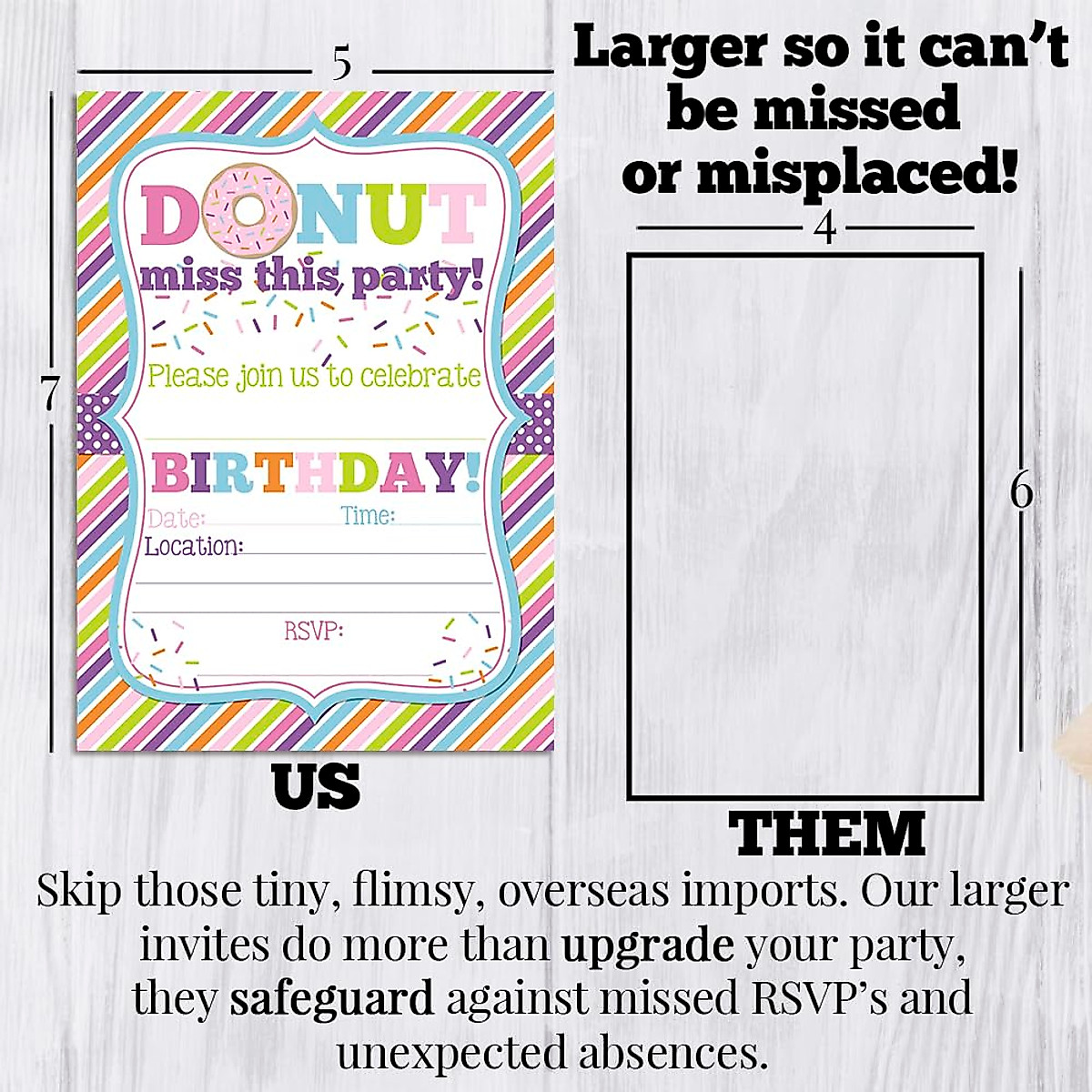 Colorful Donut with Sprinkles Birthday Party Invitations, 20 5x7 Fill In Cards with Twenty White Envelopes by AmandaCreation