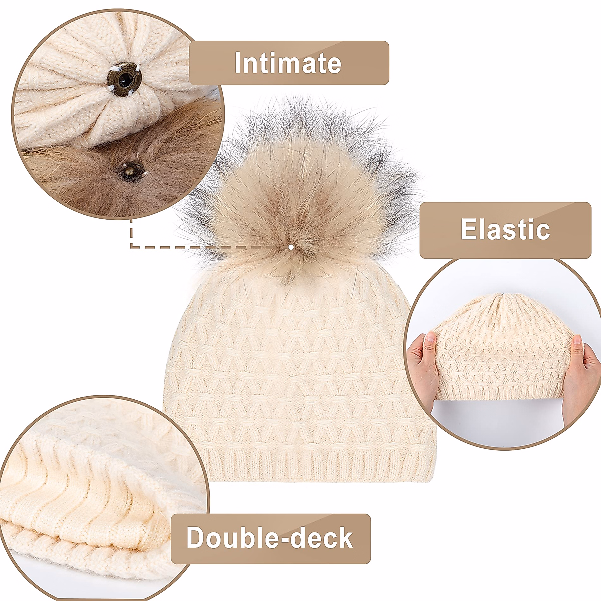 FXBSQF Women Double Cashmere Beanie,Pom Pom Beanie,Real Raccoon Bobble Beanie,Winter Warm Knitted Leisure Ski Cap,Detachable (White)