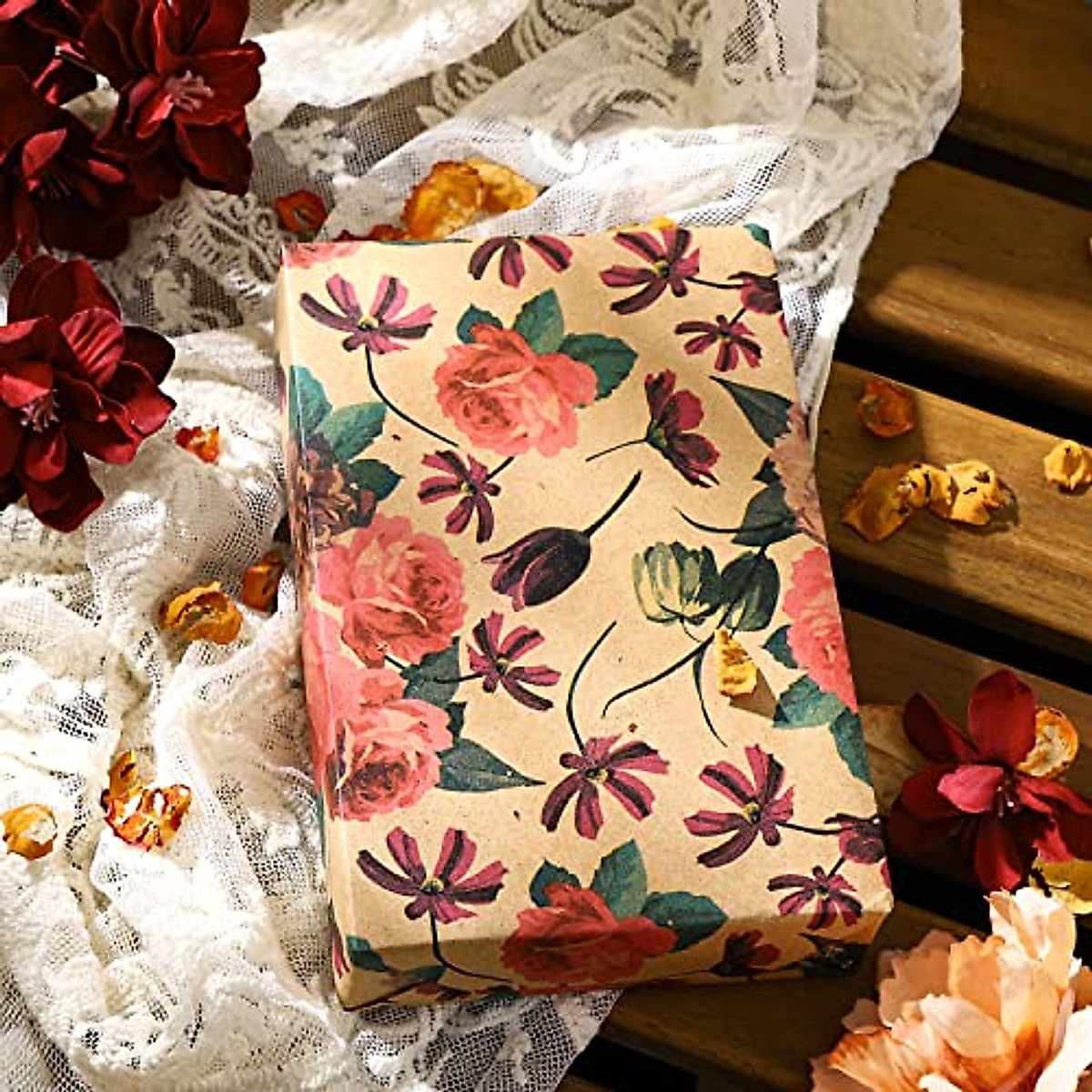BIOBROWN Red Kraft Wrapping Paper Roll Fushcia Floral Design Perfect for Birthday Wedding Mother's Day Baby Shower Wrap 17 inch X 32.8 feet
