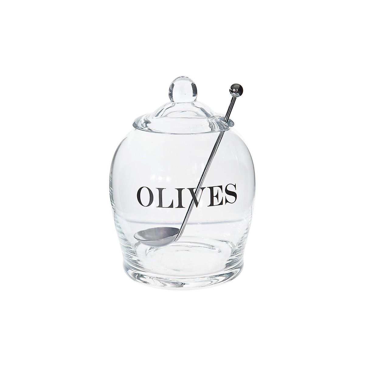 Creative Co-Op Clear Glass "OLIVE" Jar with Lid & Slotted Stainless Steel Spoon (Set of 3 Pieces including Lid)