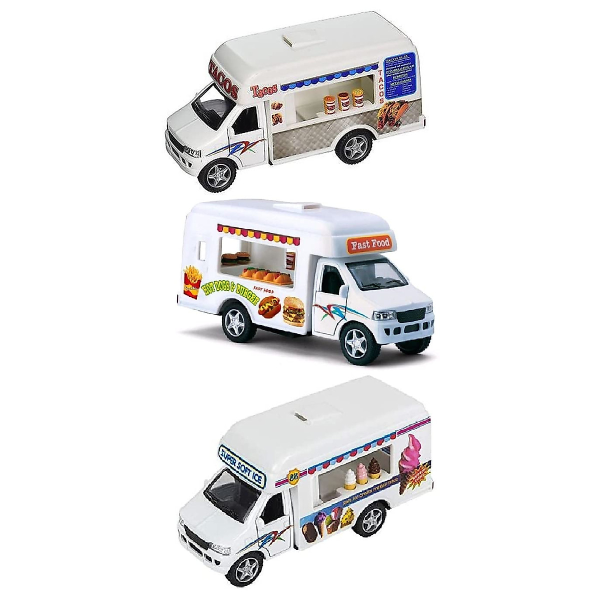 Set of 3 Food Truck Ice Cream Fast Food Tacos Pull Back Action