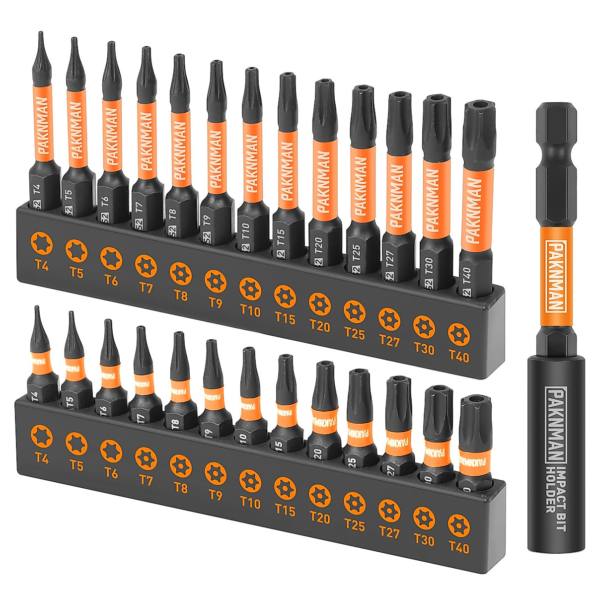 PAKNMAN 27-Piece Torx Bit Set, 1/4”Magnetic Extension, T4 - T40, S2 Steel, 1/4 Hex-Shank Security Torx Bit Set, 1” & 2” Long with Magnetic Impact Bit Holder and Storage Box