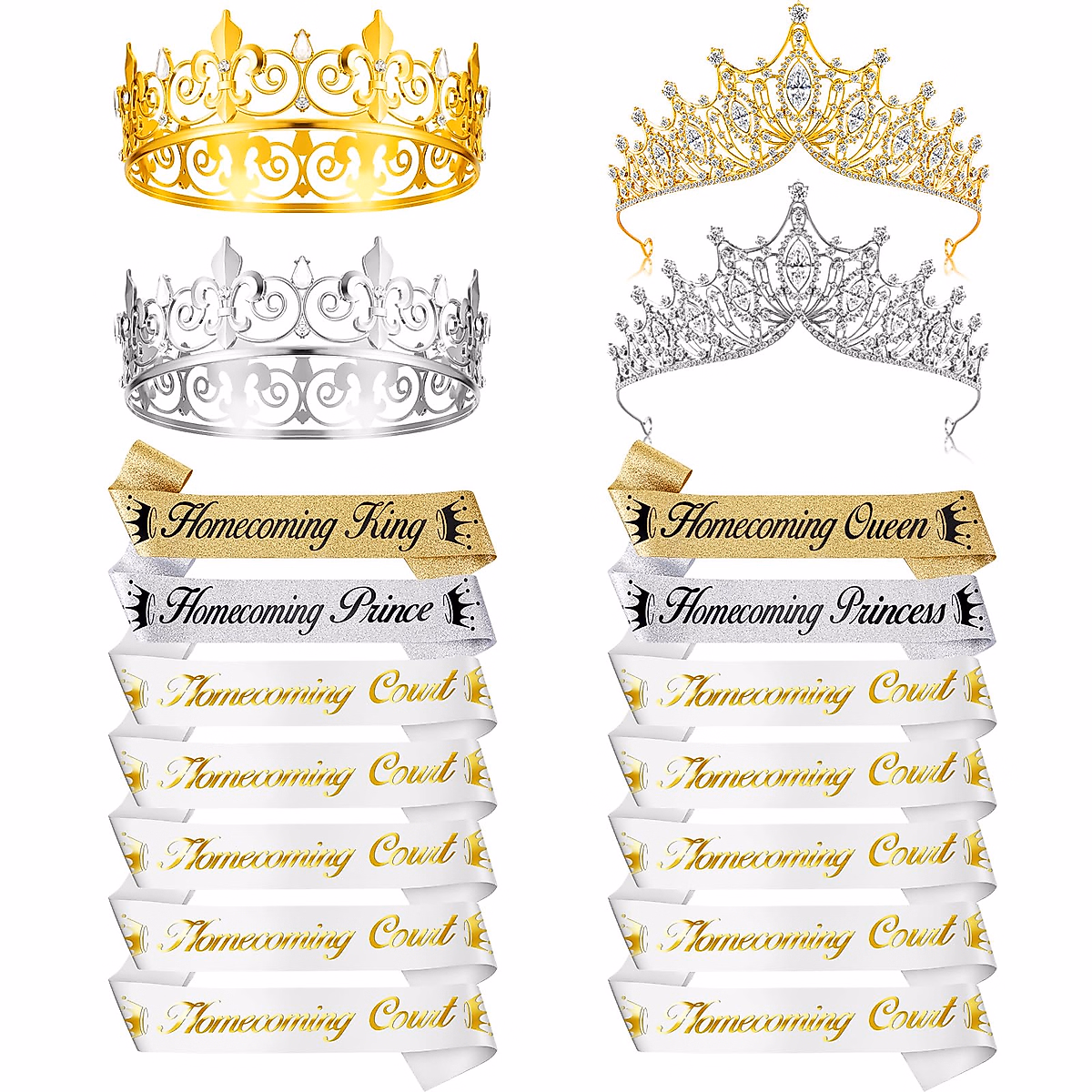 Ferreve 14 Pcs Homecoming Party Prom Sashes Set Include Homecoming King Queen Prince Princess Sashes Homecoming Court Sash with Pins, 4 Metal Crown for Men Women Crown School Party Accessories
