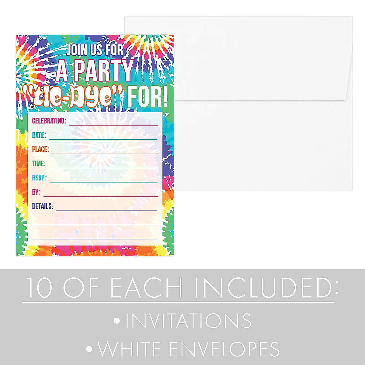 DISTINCTIVS Tie Dye Birthday Party Invitations - Peace, Love, Party - 10 Fill In Invite Cards with Envelopes - Kid, Tween or Teen 60s Groovy Themed Party Supplies