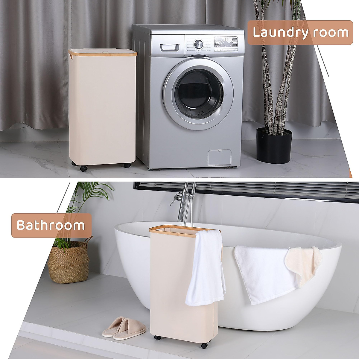 Merkisa 60L Slim Laundry Basket with Wheels,Narrow Hampers for Laundry,Freestanding Laundry Hamper with Lid&Bamboo Handles,Collapsible & Waterproof Tall Cloth Hamper for Dorm Family(Beige)