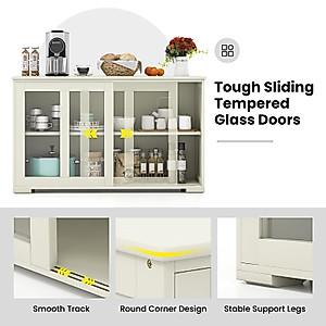 COSTWAY Buffet Sideboard with Storage, 2-Door Floor Cupboard with Sliding Tempered Glass Cabinet & Adjustable Shelf, Stackable Storage Cabinet for Kitchen, Entryway (Cream White)