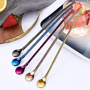 14Pcs Straws Spoon, BetterJonny Stainless Steel Drinking Spoon Straws 2 in 1 Long Handle Reusable Straws Spoon with 2 Cleaning Brushes for Latte Macchiato (7 Color)