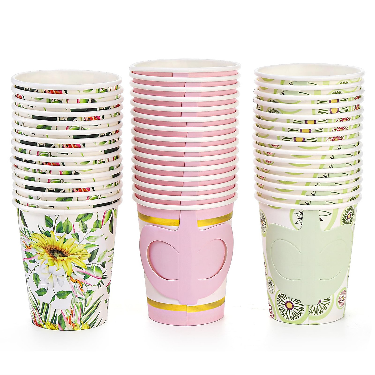 Yarlung 96 Pcs Paper Tea Cups and Plates, Disposable 9oz Teacups with Handle 6 Inch Saucers Sets for Tea Party Decorations, Mother's Day, Birthday Favors, Floral 3 Designs