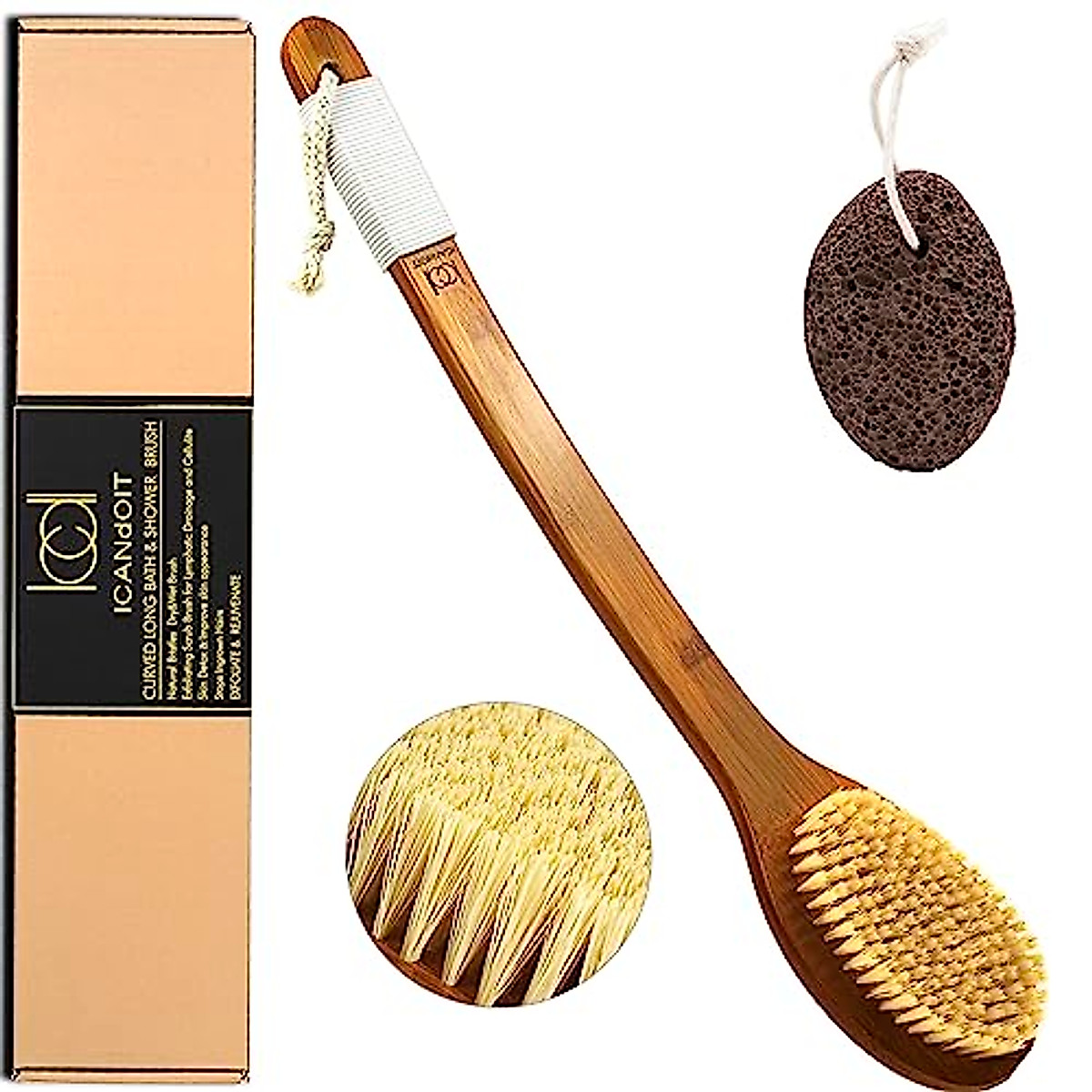 ICANdOIT-17.71Inch Natural Stiff Sisal Bristles Anti-Slip Long Handle Bath Brush,Bent Handle Shower Scrubber for Exfoliating,Shower Back Brush,Exfoliation Set with Pumice Stone(1 Pack)