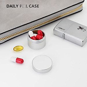 Portable Daily Pill Case, Heavy Duty Aluminium Alloy Round Pill Box, Waterproof Travel Pill Organizer, Pocket Purse Medicine Vitamin Holder EDC Container for Outdoor Camping Working