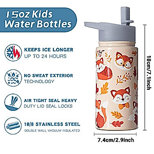 Weboia Kids Autumn Cute Water Bottle Fox Insulated Water Bottles BPA Free Double Wall Vacuum 15 oz Kids Cup with Straw Lid Leak Proof Fox Water Bottle Autumn Gift for Boys Girls School