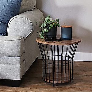 Sunnydaze 17.25-Inch H Modern Pedestal Wire Side Table with Faux Woodgrain Pull-Open Tabletop - Brown