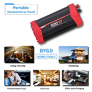 BYGD 500W Power Inverter, Car Power Inverter DC 12V to 110V AC Car Inverter Converter 4 USB Quick Charging Ports and Dual AC Outlets Car Charger Adpater with Cigarette Lighter Cable and Battery Clamps