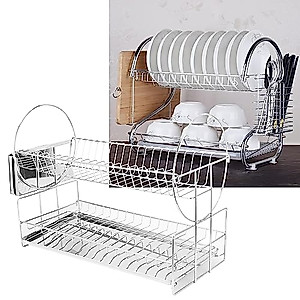 Dish Dryer Rack, Double Layer Stainless Steel Bowl Dish Rack - Space Saving Draining Rack and Storage Organizer - Premium Kitchen Accessories for Efficient Drying and Organization
