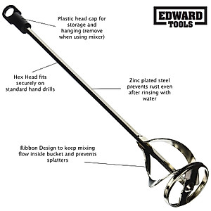 Edward Tools Paint and Mud Mixer for drill in 1 to 5 gallon buckets - Fits all standard drills - Zinc plated steel - Reinforced weld - Hex head for non slip - Easy to clean - Paint mixer attachment