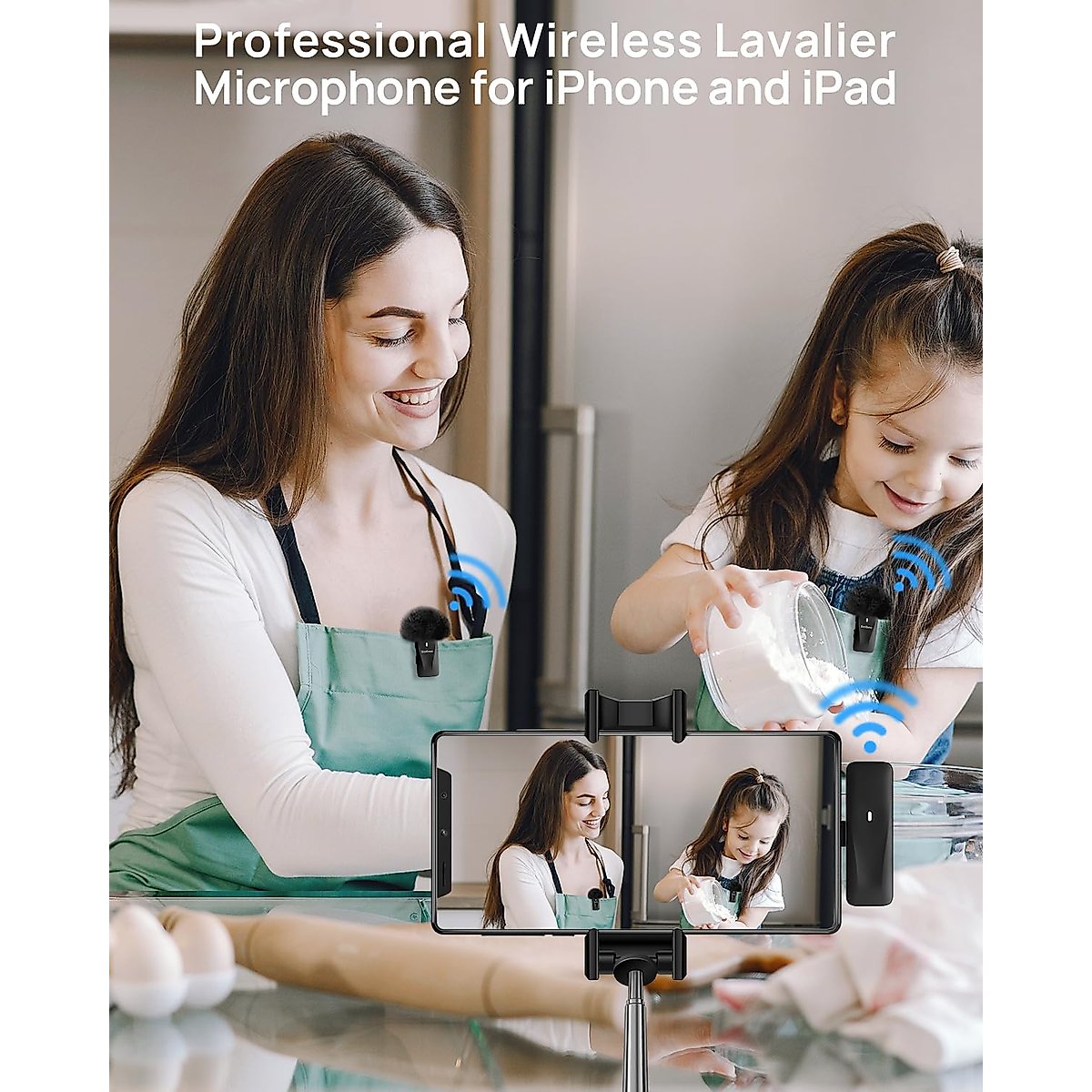 TeoTeeo 2pcs Wireless Lavalier Microphone for iPhone iPad with Charging Case, Wireless Lavalier Microphone for Single Person Continuous Recording 50H, 3 Modes Noise Canceling Mini Microphone, 120ft