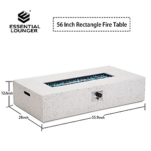 Essential Lounger 56 Inch Firepit Table for Outside, 50,000 BTU Rectangular Concrete Outdoor Firepit Tables with Wind Guard,Waterproof Cover,Lava Rocks,Side Handles,Big Propane Gas Fire Table - Grey