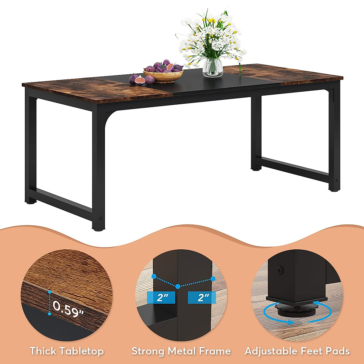 LITTLE TREE 70.9 Inch Large Dining Table Rectangular Kitchen Furniture for 6 to 8 People, Brown+Black