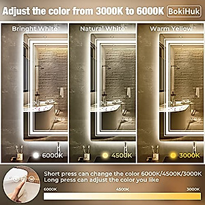 BokiHuk Led Bathroom Mirror with Lights, 40x24 inch Wall Mounted Lighted Vanity Mirror, Makeup Mirror Dimmable Anti-Fog with 3 Colors Light, Waterproof (Backlit & Front-Lighted)