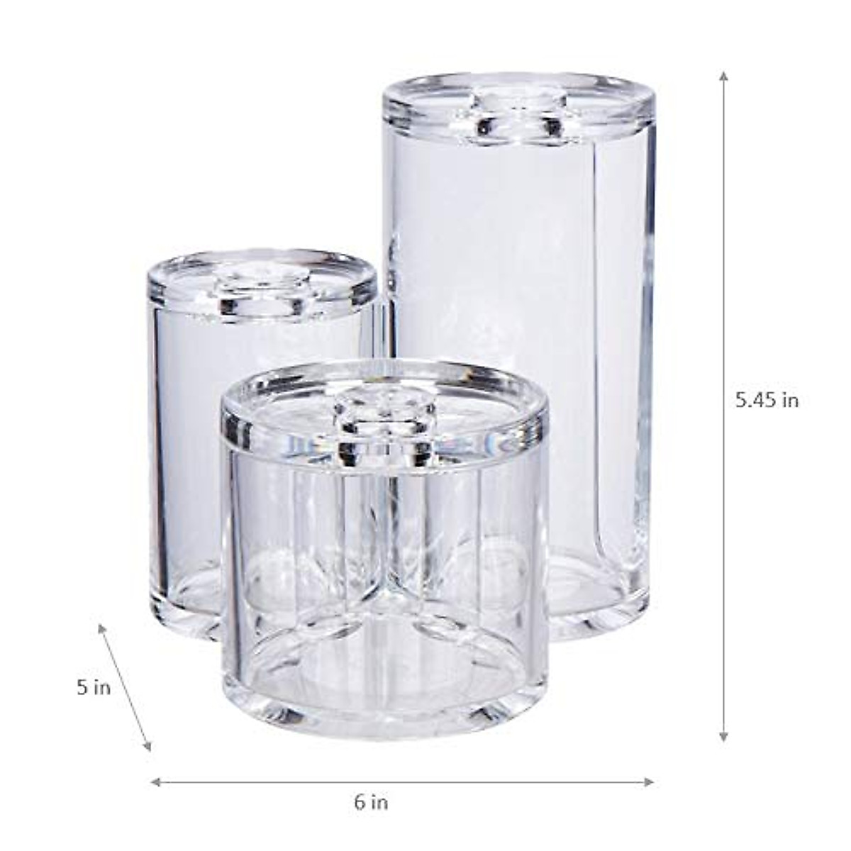 GROOVI Beauty Acrylic Triple Round Make Up Container (3 Towers Connected) Compact Size, Great Storage Container for Cosmetics/accs, for use in Bathroom or on Vanity, 5.5" x 5.9" x 5.25"