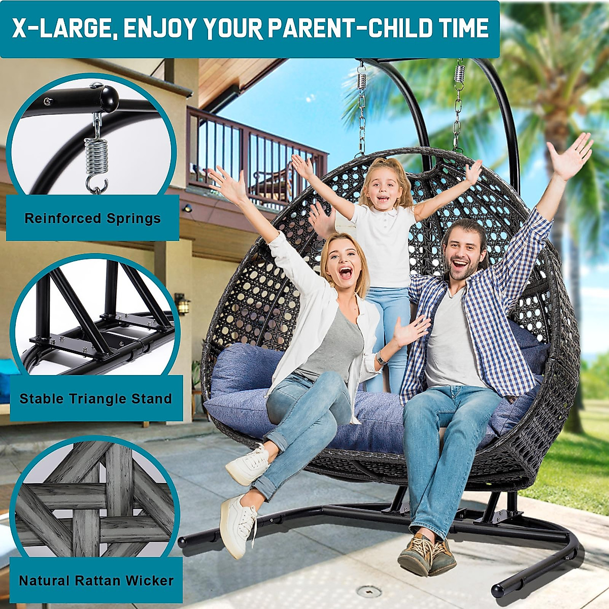 2 Person Swing Chair with Stand, X-Large Wicker Rattan Hanging Egg Chair Loveseat Chair with Cushion and Cover for Indoor Outdoor Bedroom Patio Garden (Black Frame + Dusty Blue Cushion)