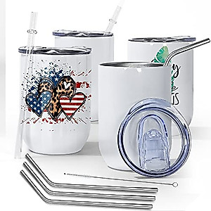 AGH 12 oz Sublimation Wine Tumblers Blanks, 4PCS Straight Stainless Steel Insulated Mug for Full Wrap Heat Transfer, Spill-proof Sliding Lid Stainless Steel Straw for Coffee Cocktails Drinks