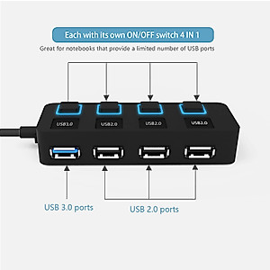 USB 3.0 Hub,4-Port Mini USB hub 3.0,2.0 Hub with Individual LED Power Switches,USB Expander for Laptop,PC,MacBook,Flash Drive,Console, Printer,Camera,Keyborad,Mouse,and More USB Devices
