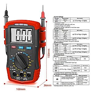 HOLDPEAK Digital Multimeter HP-37A, Tester Amp Ohm Capacitor Tester Battery Test, with Auto Backlit Manual Ranging for DC & AC Voltage, Resistance, Temperature, Positive Diode Voltage ℃ Reading (Red)