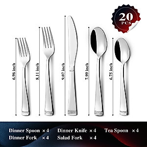 KINGSTONE Silverware Set, 20 Piece Flatware Set for 4, Premium Stainless Steel Cutlery Set with Bead Edge, Mirror Polished Kitchen Utensil Set for Home, Party, Wedding