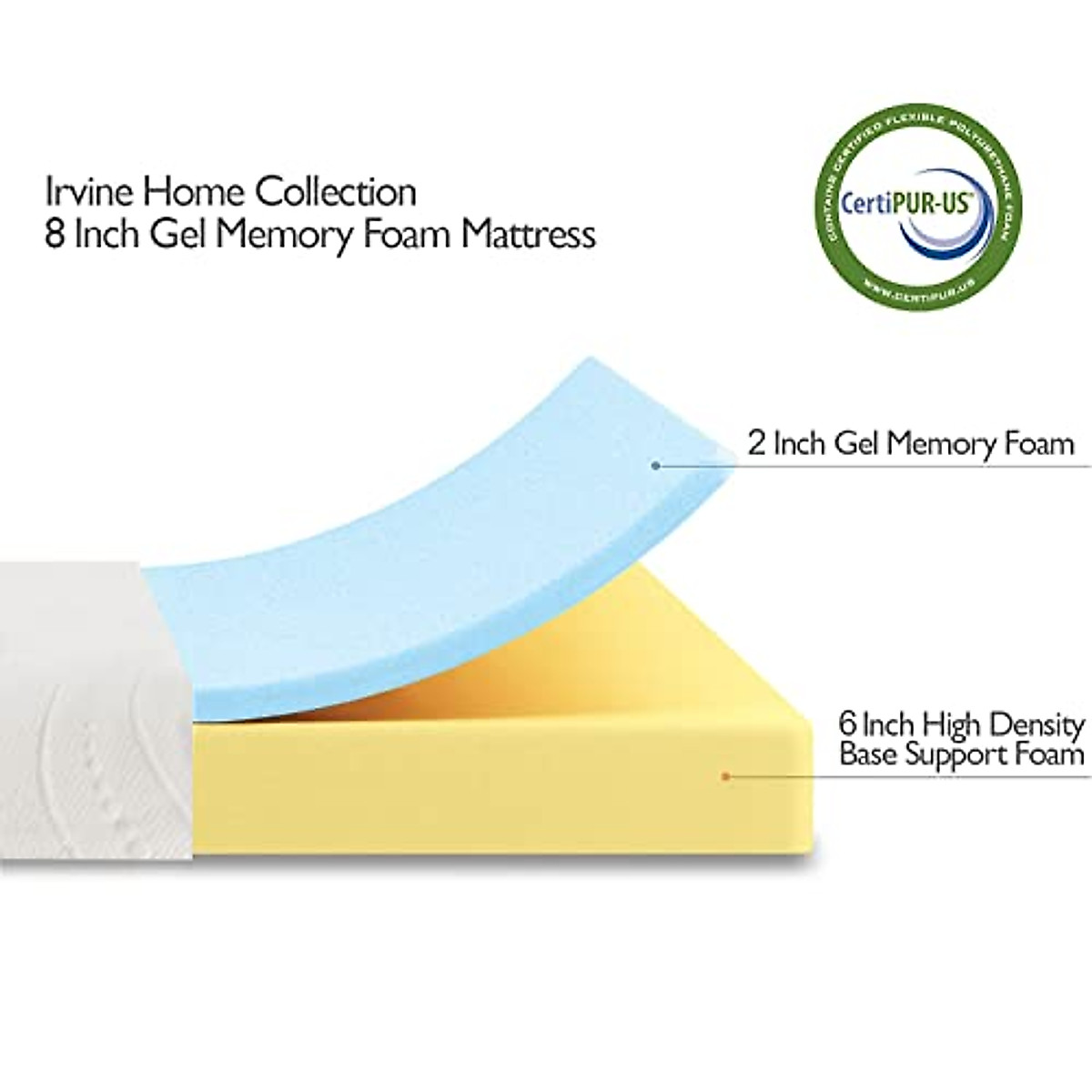 Irvine Home Collection 1500CK 8-inch Gel Memory Foam Mattress, California King, White