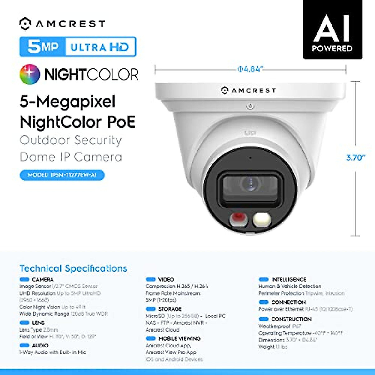 Amcrest AI Turret IP PoE Camera w/ 49ft Nightvision, Security IP Camera Outdoor, Built-in Microphone, Human & Vehicle Detection, Active Deterrent, 129° FOV, 5MP@20fps IP5M-T1277EW-AI