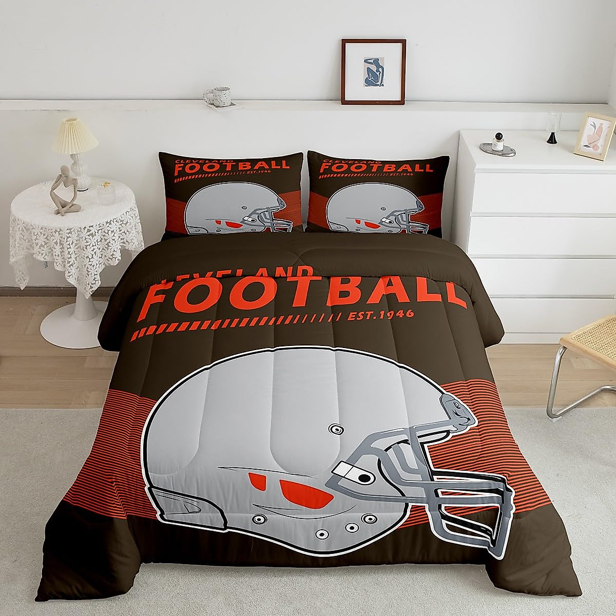 American Football City Comforter Set Football Player Bedding Queen for Kids Girls Boys American Football Helmet Bed Comforter Set Football Sports Duvet Insert Bedroom Decor, Brown Orange(Cleveland)