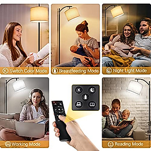 OUTON Arc Floor Lamp with Remote Control, LED Dimmable Modern Lamp with 4 Color Temperatures, Tall Standing Reading Lamp with Adjustable White Linen Shade for Living Room, Office, Black Matte