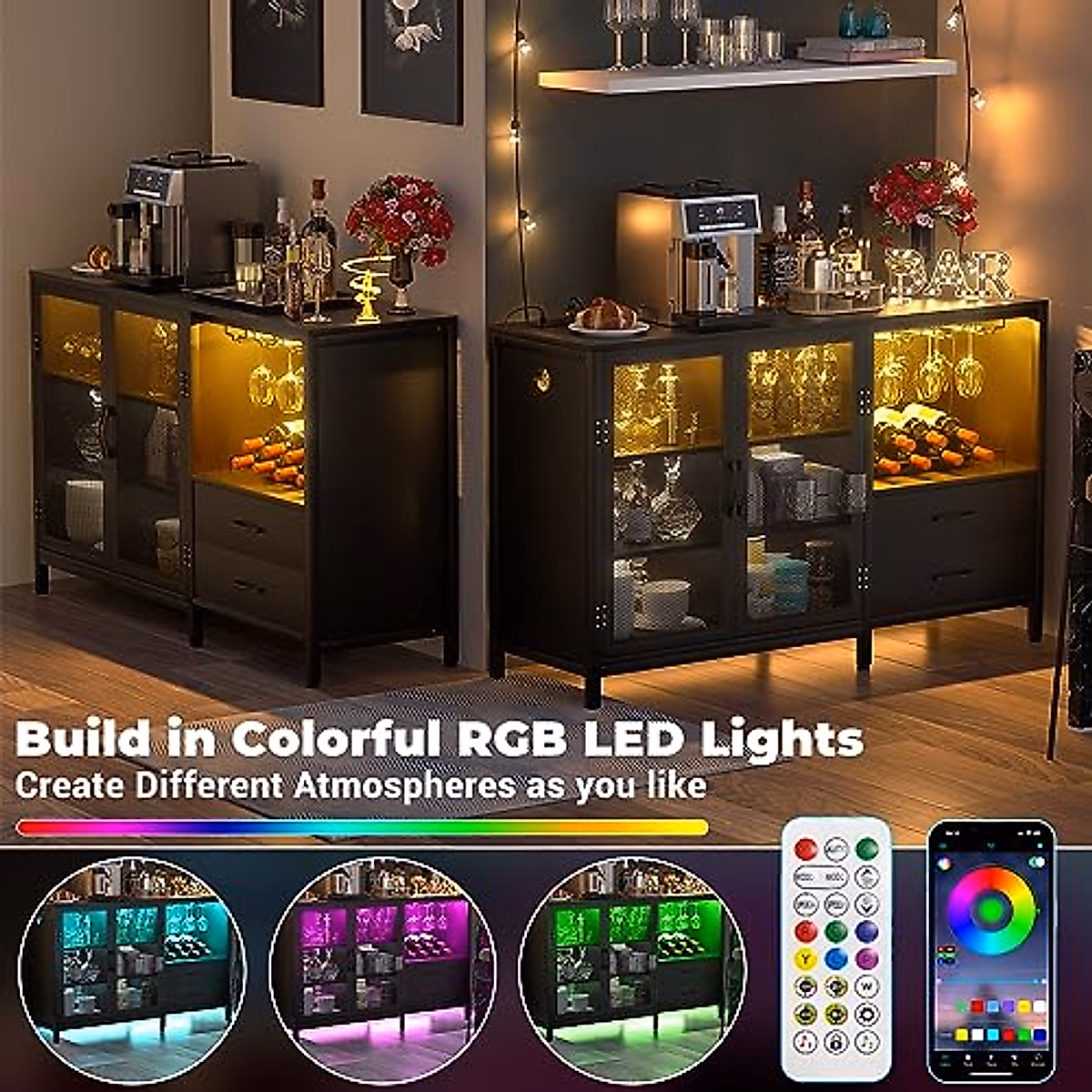 Cyclysio Wine Bar Cabinet with Power Outlets and LED Lights, Coffee Bar Station with Wine Rack, Industrial Sideboard Buffet with Drawers, Large Bar Cabinet for Liquor and Glasses, Home Bar, Black