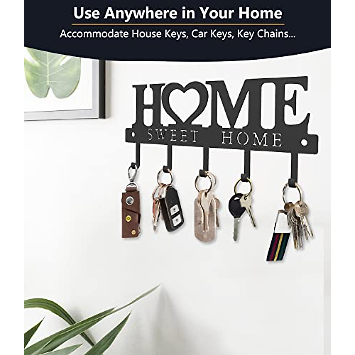 WIPHANY Key Holder Hooks Organizer Hanger Rack Wall Mounted with Screws and Anchors Home Sweet Home Wall Metal Decor for Entryway Front Door Kitchen Hallway Garage Mudroom Office 9.8inches/25cm