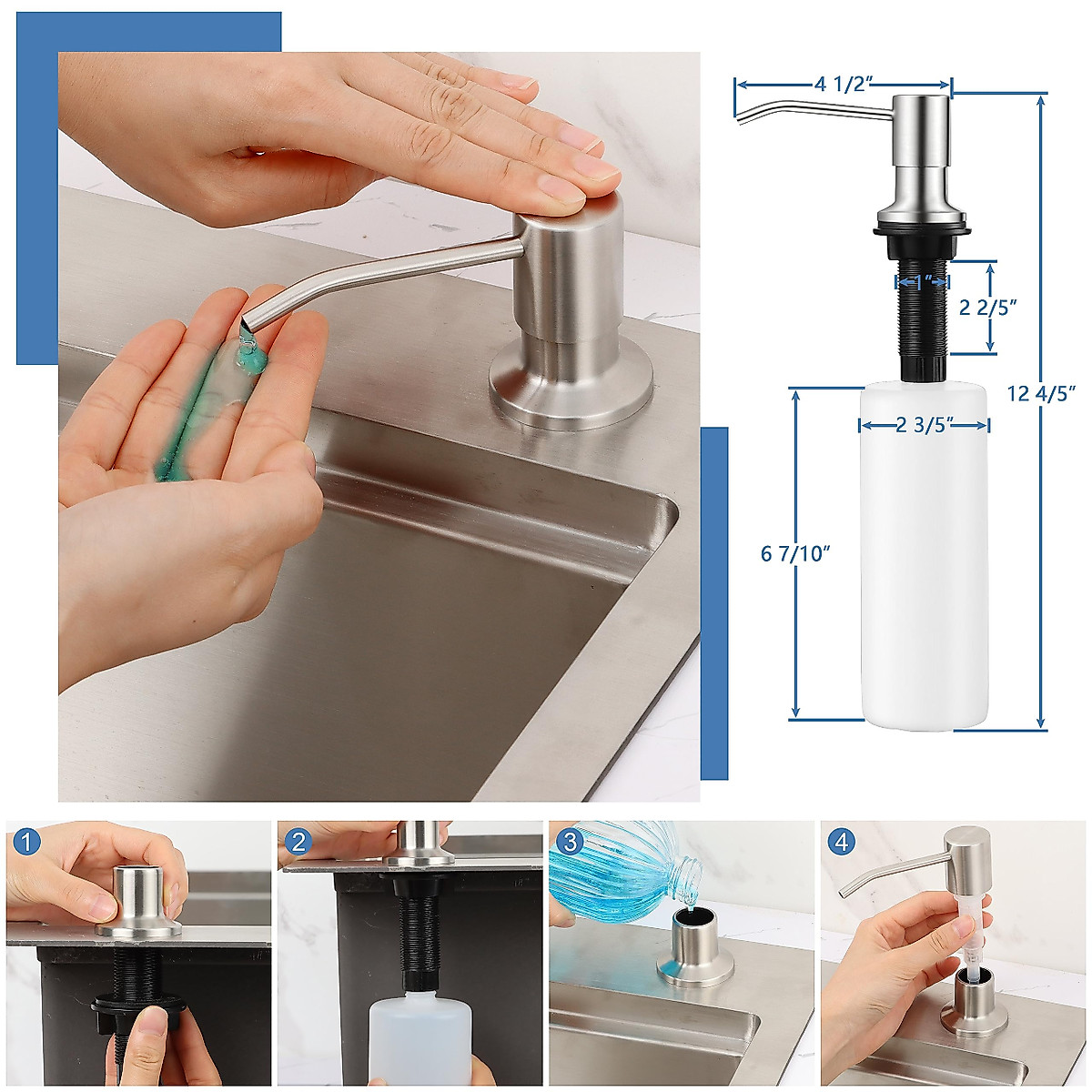 Homikit Kitchen Sink Faucet with Pull Down Sprayer & Soap Dispenser, Brushed Nickel Stainless Steel Kitchen Faucet with Deck Plate, High Arc Single Handle Sink Faucet for Utility Rv Laundry