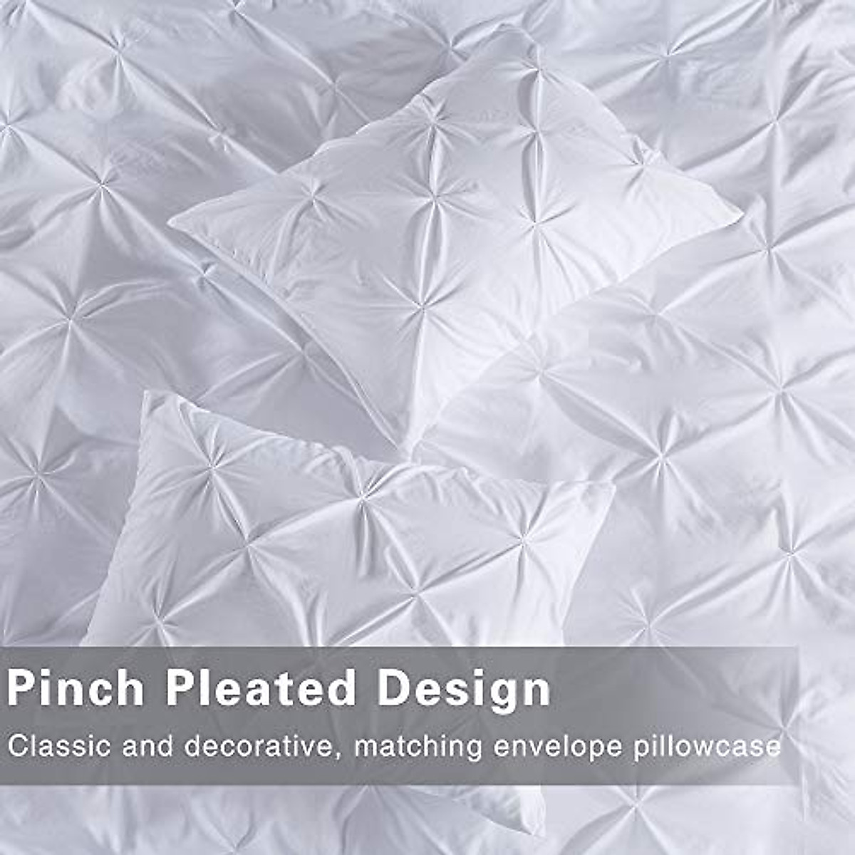Litanika White Queen Pinch Pleat Duvet Cover, 3 Pieces Pintuck Cover Soft Microfiber Bedding Set with Zipper Closure & Corner Ties(90x90Inch-1 Duvet Cover, 2 Pillowcases)