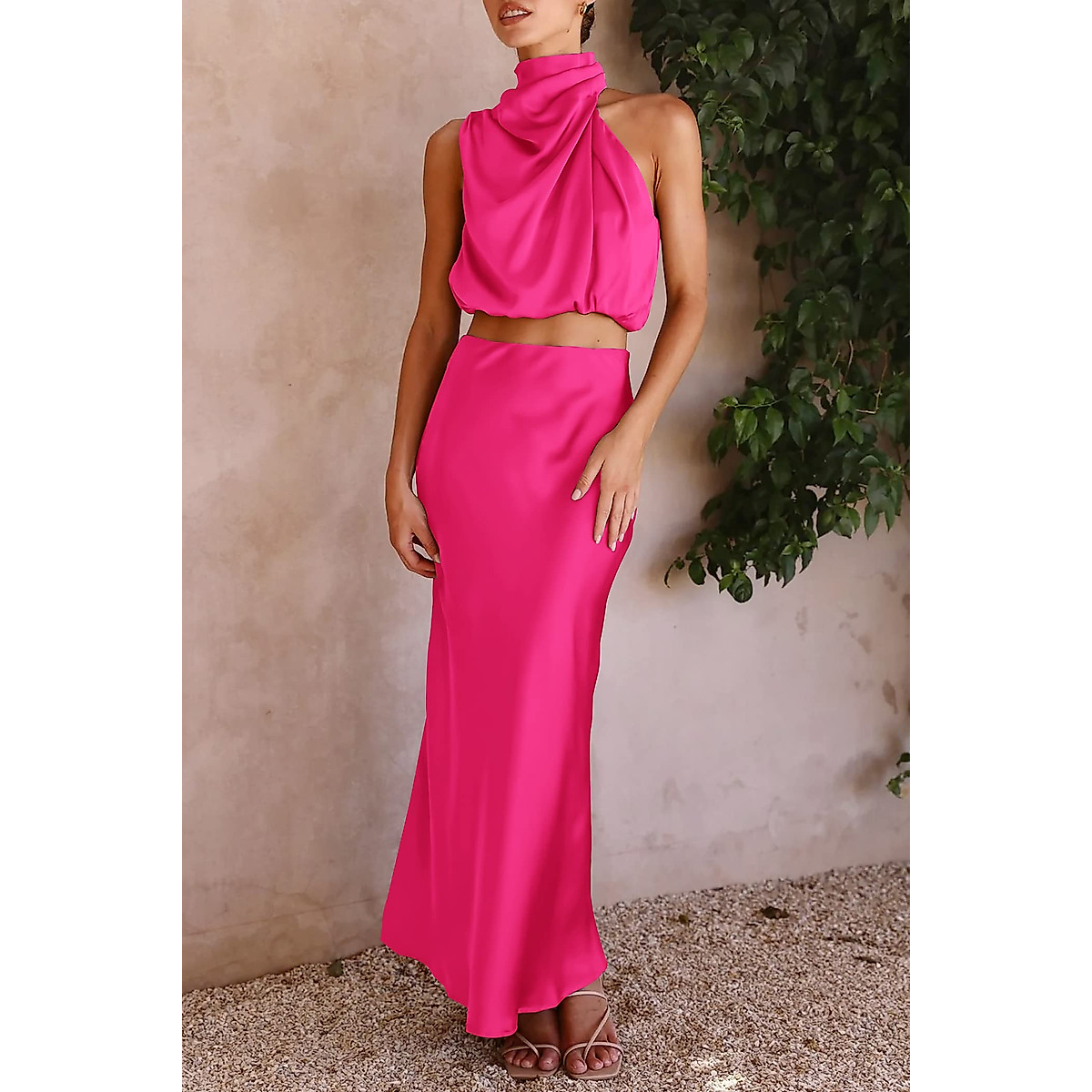 PRETTYGARDEN Women's 2 Piece Satin Outfits Summer Sleeveless Mock Neck Crop Tops and Long Skirt Dress Sets (Rose Red,Small)