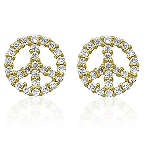 14K Solid Yellow Gold Womens Round Cubic Zirconia Cz Small Peace Sign Hipster Stud Earrings Perfect for Ladies - 0.27in