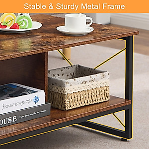 VECELO Wood 2-Tier Black Coffee Table with Storage Shelf for Living Room/Office Reception, Metal Frame & Wooden Tabletop, Modern Design, Brown