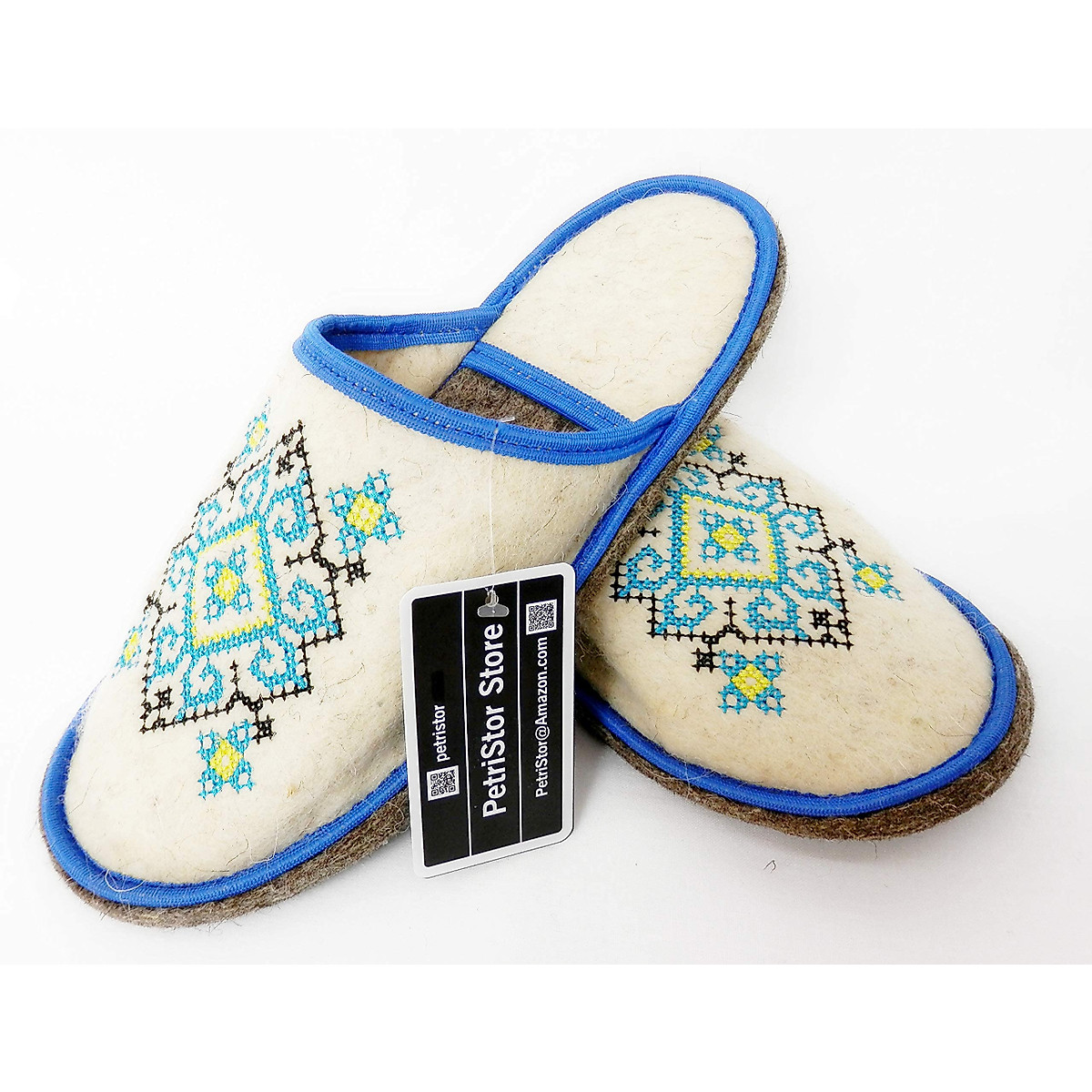 PetriStor 100% Natural Wool Felt Sauna Slippers Ukrainian Ornament Blue for Men - Sauna Banya Slippers Felt Bathhouse/Vaporarium - Made in Ukraine