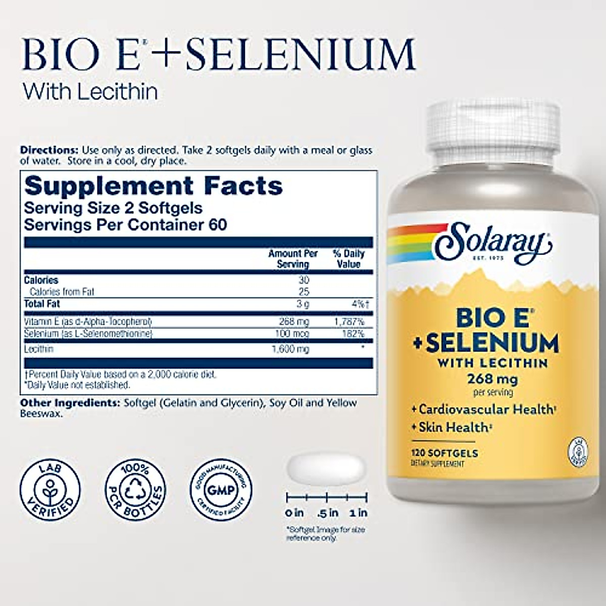 Solaray Bio Vitamin E with Selenium, Vitamin E 400 IU Softgels Plus Selenium 100 mcg, Antioxidants Supplement for Healthy Skin and Heart Support, High Absorption, Lab Verified, 60-Day Guarantee, 60 Servings, 120 Softgels