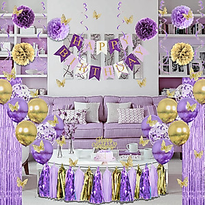 GoExquis Purple Violet Gold Birthday Decorations for Women Girls Butterfly Decor Cake Topper Hanging Swirls Foil Curtain Tassel Garlands Paper Pom Poms Happy Birthday Banner Balloons