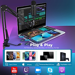 ZealSound Gaming Microphone Kit,Podcast Condenser USB Mic with Boom Arm,Supercardioid Microphone with Mute Button,Echo Volume Gain Knob,Adjust Monitor for Phone PC Computer (Black)