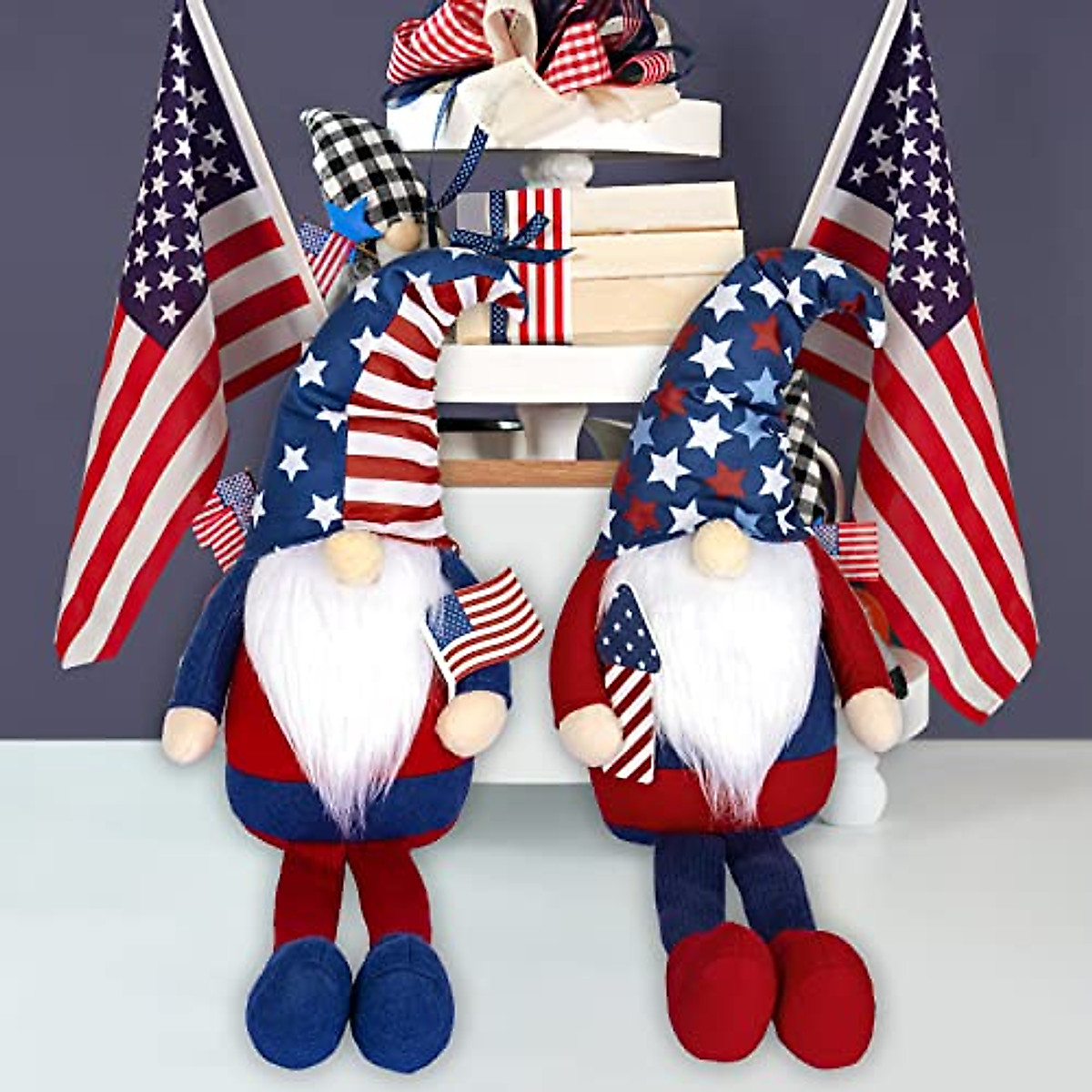 2 PCS Large 4th of July Patriotic Gnome Decorations,Red White Blue Stars and Stripes Decor Gnome, American Memorial Labor Veterans Independence Day Gnomes Decor Gift Handmade Tiered Tray Decorations