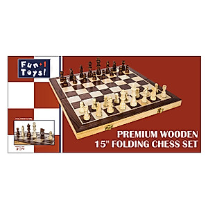 Fun+1 Toys! Wooden Chess Set for Adults and Kids, 15" Portable Chess Board Set with Chess Pieces & Drawstring Bag