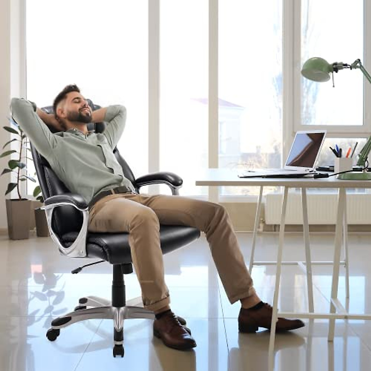 NeuType Executive Office Chair High Back Home Office Desk Chairs with Wheels PU Leather Ergonomic Computer Chair with Lumbar Support Adjustable Height & Swivel Big and Tall Office Chair - Black